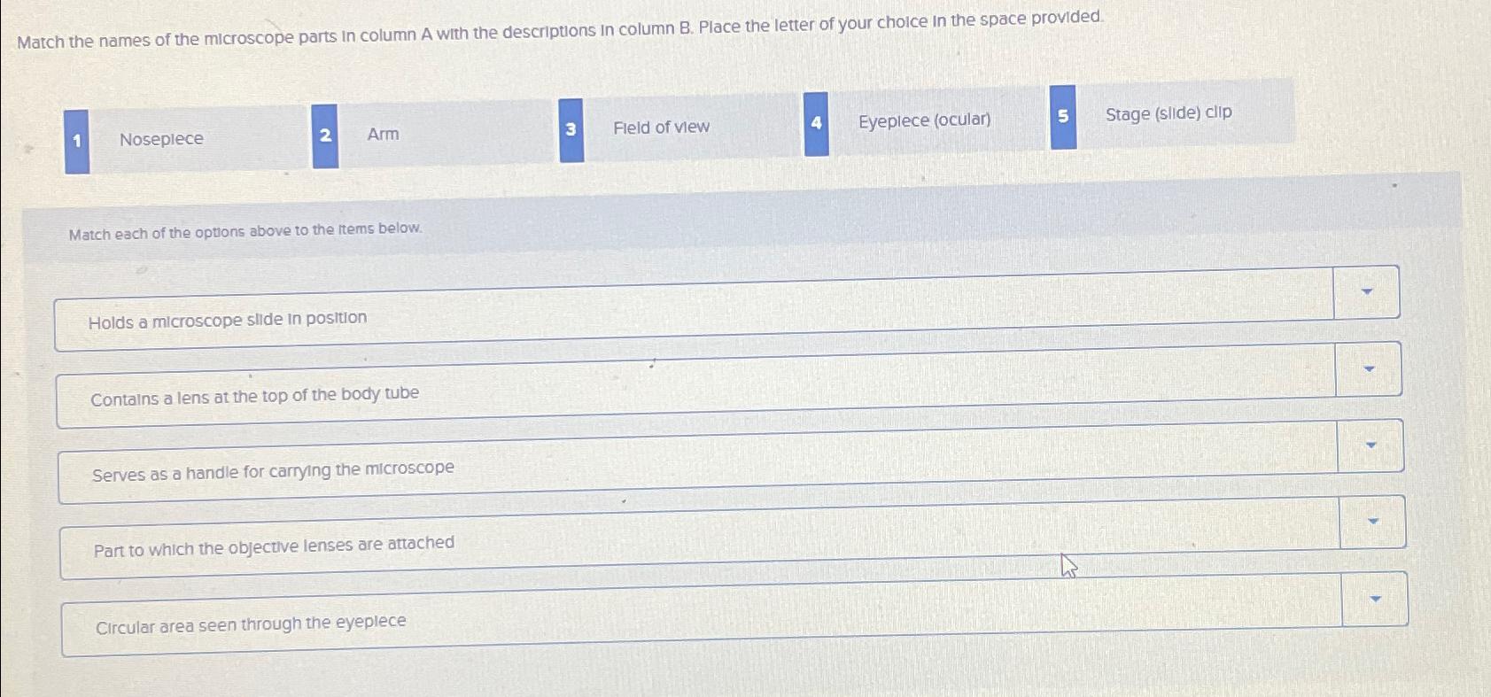 Solved Match the names of the microscope parts in column A | Chegg.com