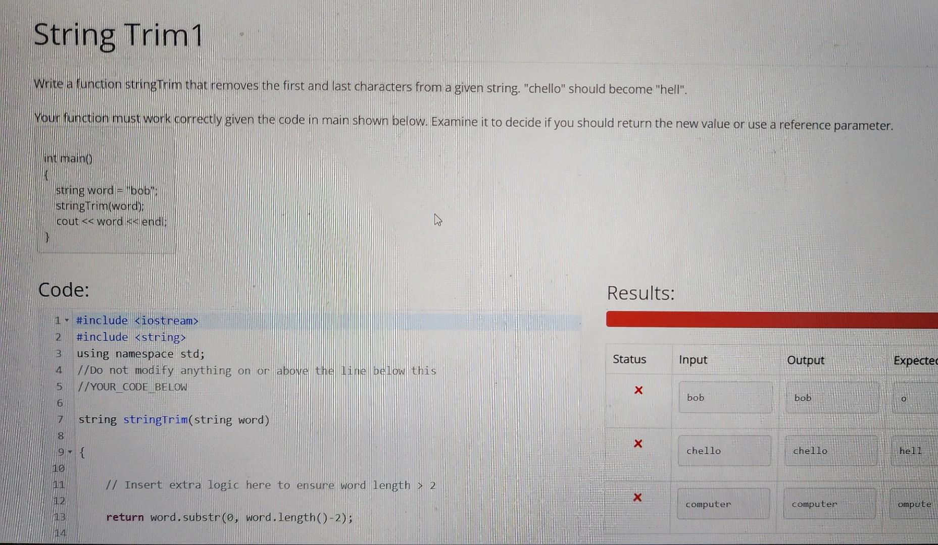 Solved Write a function stringtrim that removes the first | Chegg.com