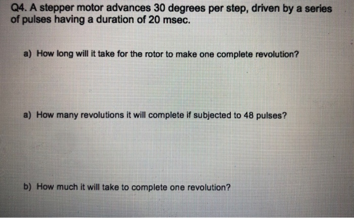 Solved Q4. A stepper motor advances 30 degrees per step, | Chegg.com