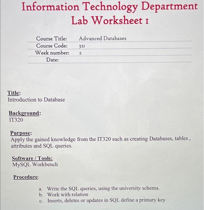 Solved Information Technology Department Lab Worksheet i | Chegg.com