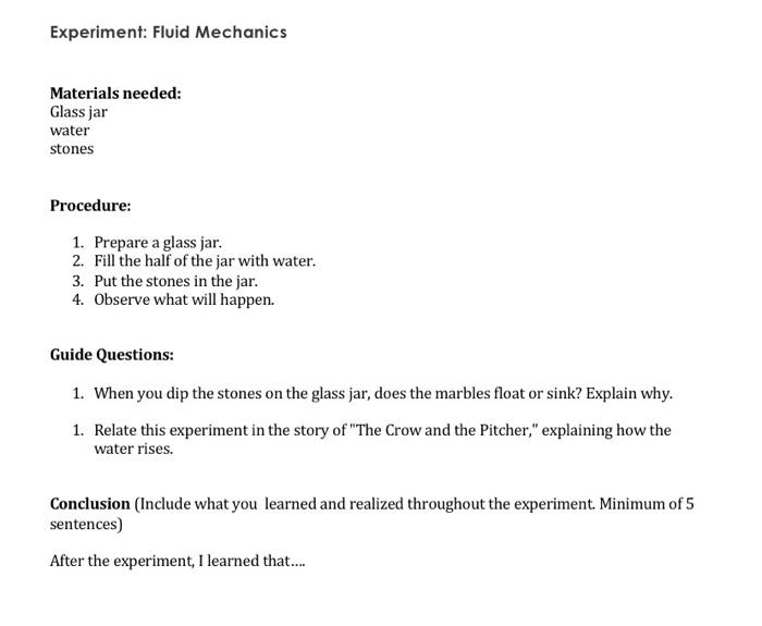 Solved Experiment: Fluid Mechanics Materials needed: Glass | Chegg.com