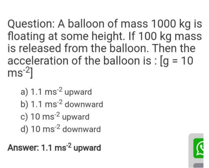 Solved Question: A balloon of mass 1000kg ﻿is floating at | Chegg.com