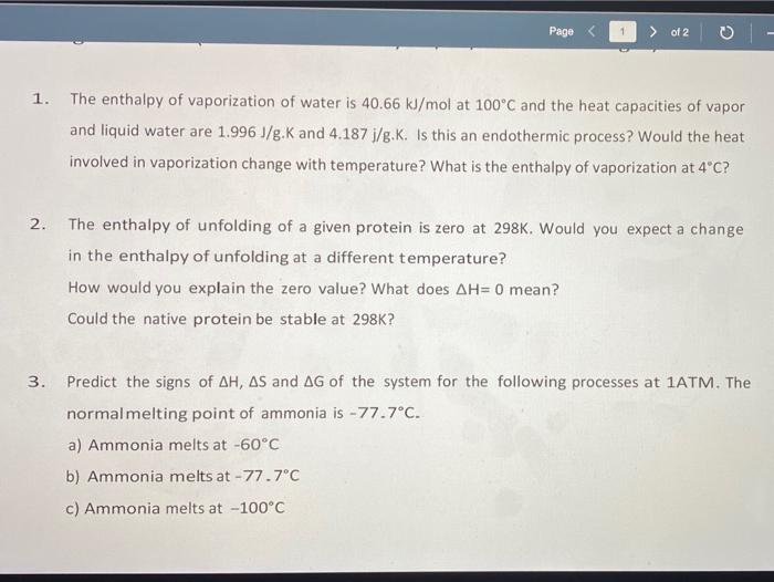 Solved Page > of 2 1. The enthalpy of vaporization of water | Chegg.com