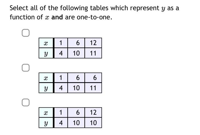 Solved Select all of the following tables which represent y | Chegg.com