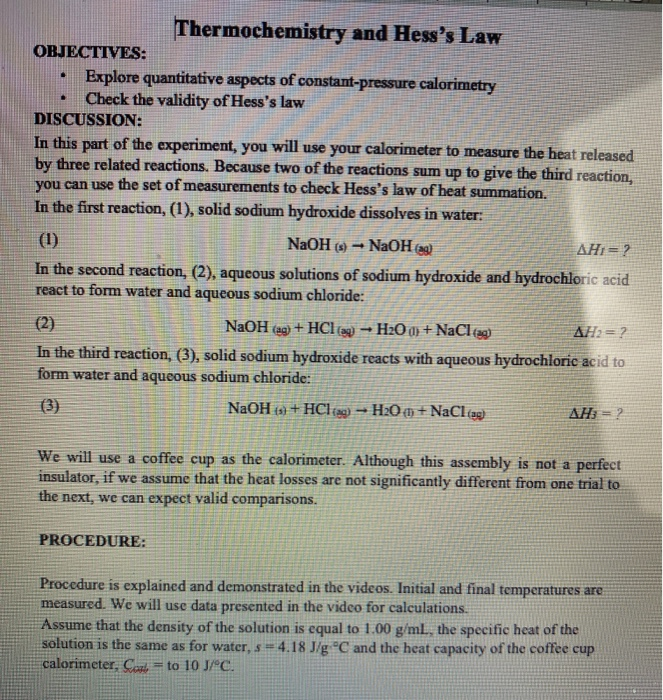 Solved Thermochemistry and Hess's Law OBJECTIVES: Explore | Chegg.com