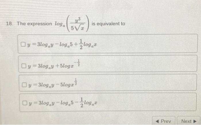 Solved 8. The expression loga(5xy3) is equivalent to | Chegg.com