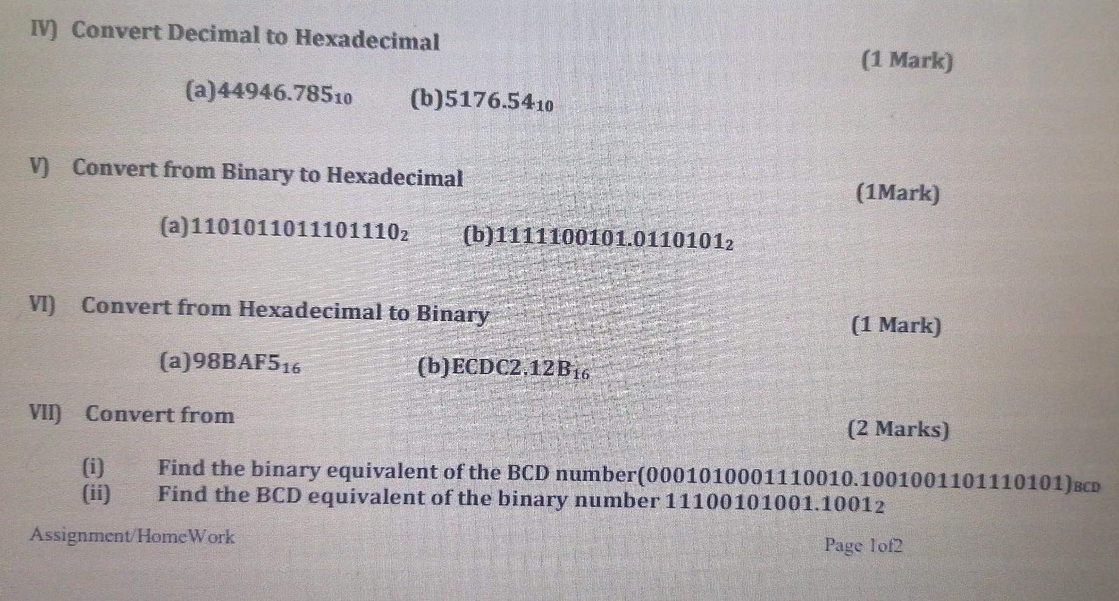 Solved IV) Convert Decimal to Hexadecimal (1 Mark) | Chegg.com