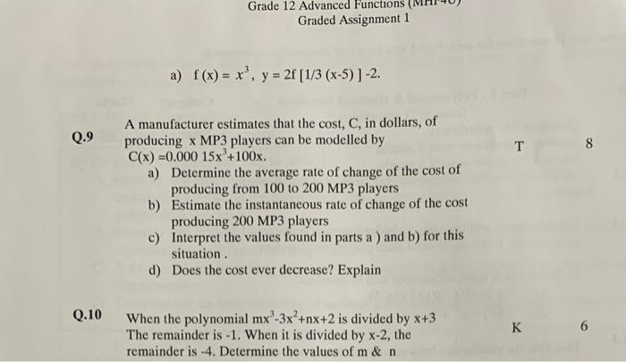 Solved Grade 12 Advanced Functions Graded Assignment 1 a) | Chegg.com