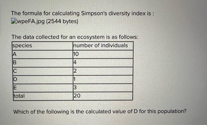 The formula for calculating Simpson's diversity index | Chegg.com