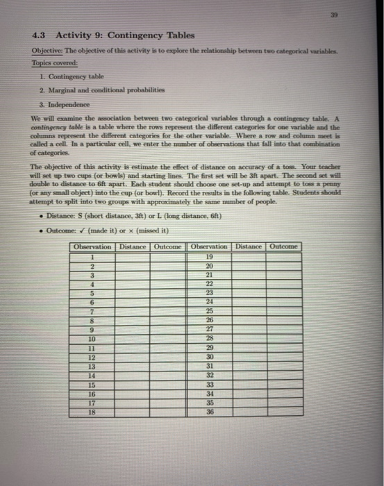 4.3 Activity 9: Contingency Tables Objective: The | Chegg.com
