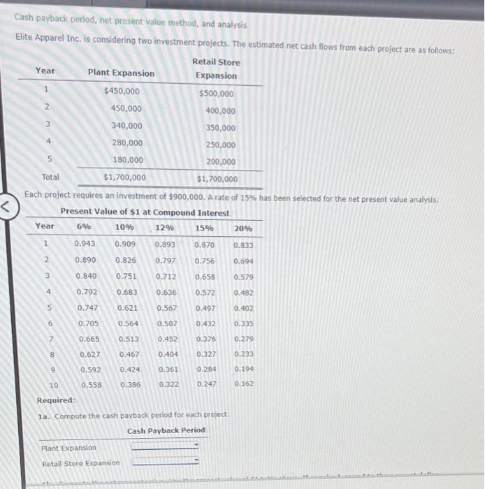 Solved 1a. Compute the cash payback period for each project. | Chegg.com