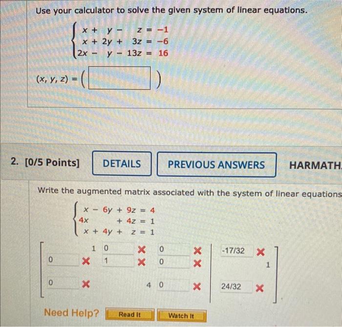 Solved Use your calculator to solve the given system of | Chegg.com