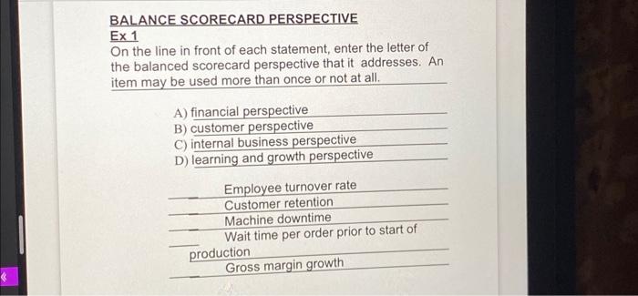 Solved BALANCE SCORECARD PERSPECTIVE Ex 1 On the line in | Chegg.com