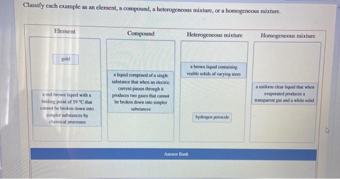 Solved Classify each example as an element, a compound, a | Chegg.com