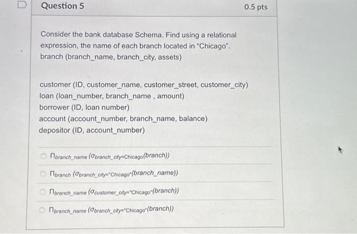 Solved Question 5 Consider the bank database Schema. Find | Chegg.com