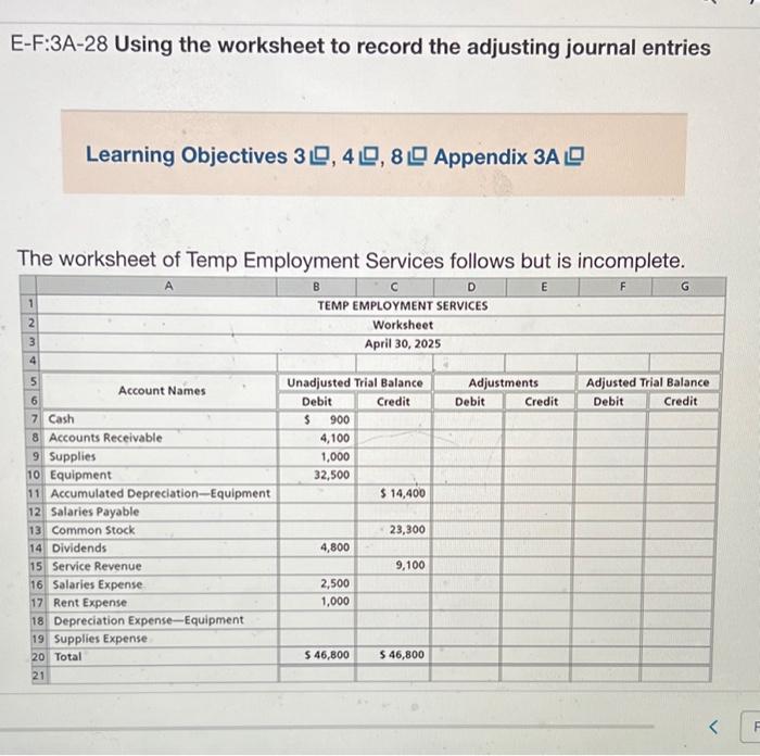 Solved E−F:3A−28 Using the worksheet to record the adjusting | Chegg.com