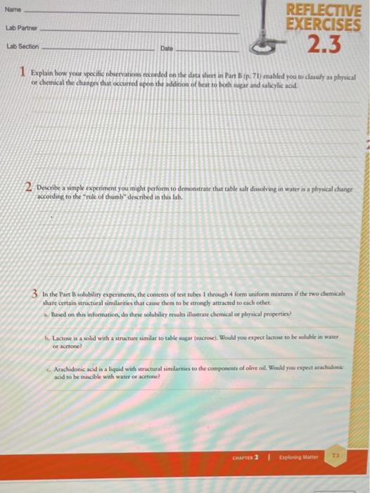 Solved Name REFLECTIVE EXERCISES Lab Partner Lab Section = | Chegg.com