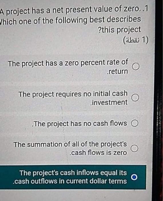 Solved A project has a net present value of zero..1 Which | Chegg.com