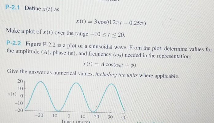 Solved Define x (t) as x(t) =3 cos (0.2pi(t) -0.25pi) Make a | Chegg.com