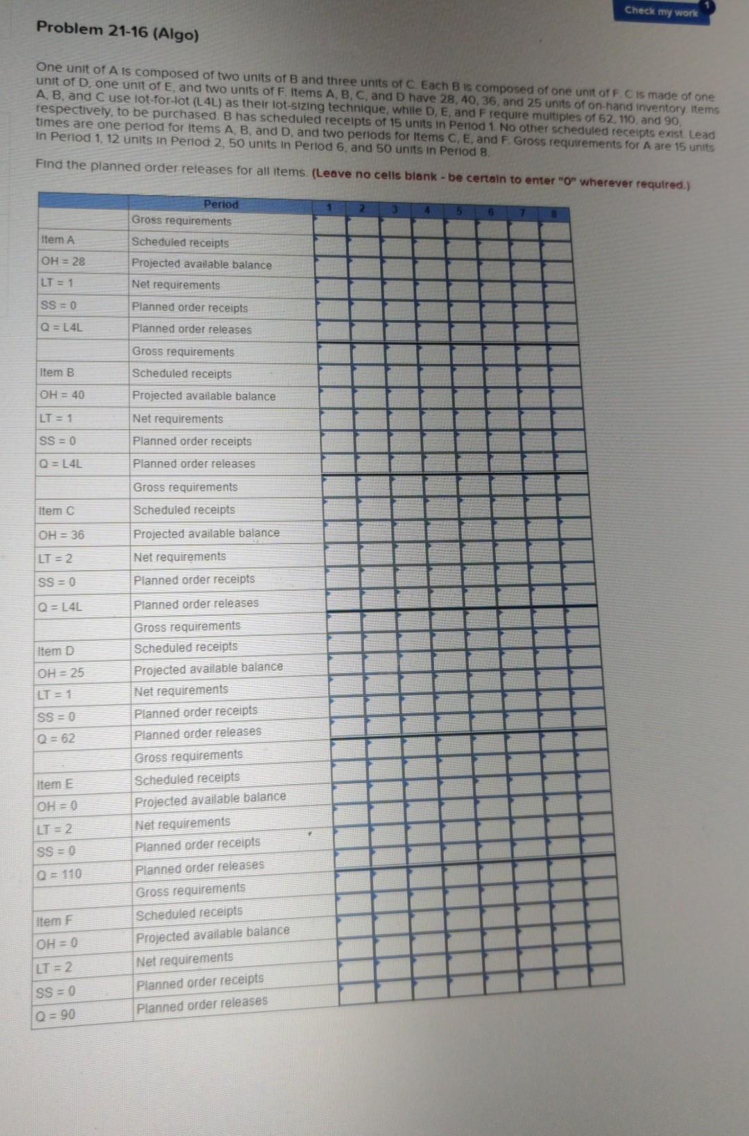 Solved Check my work Problem 21-16 (Algo) One unit of A is | Chegg.com
