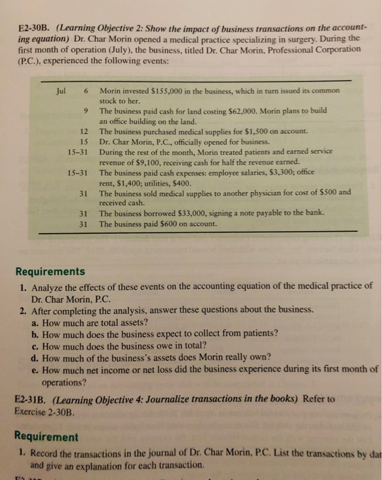 Solved E2-30B. (Learning Objective 2: Show the impact of | Chegg.com