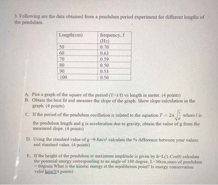 Solved 3. Following are the data obtained from a pendulum | Chegg.com