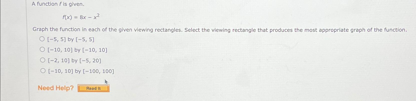 Solved A function f ﻿is given.f(x)=8x-x2Graph the function | Chegg.com