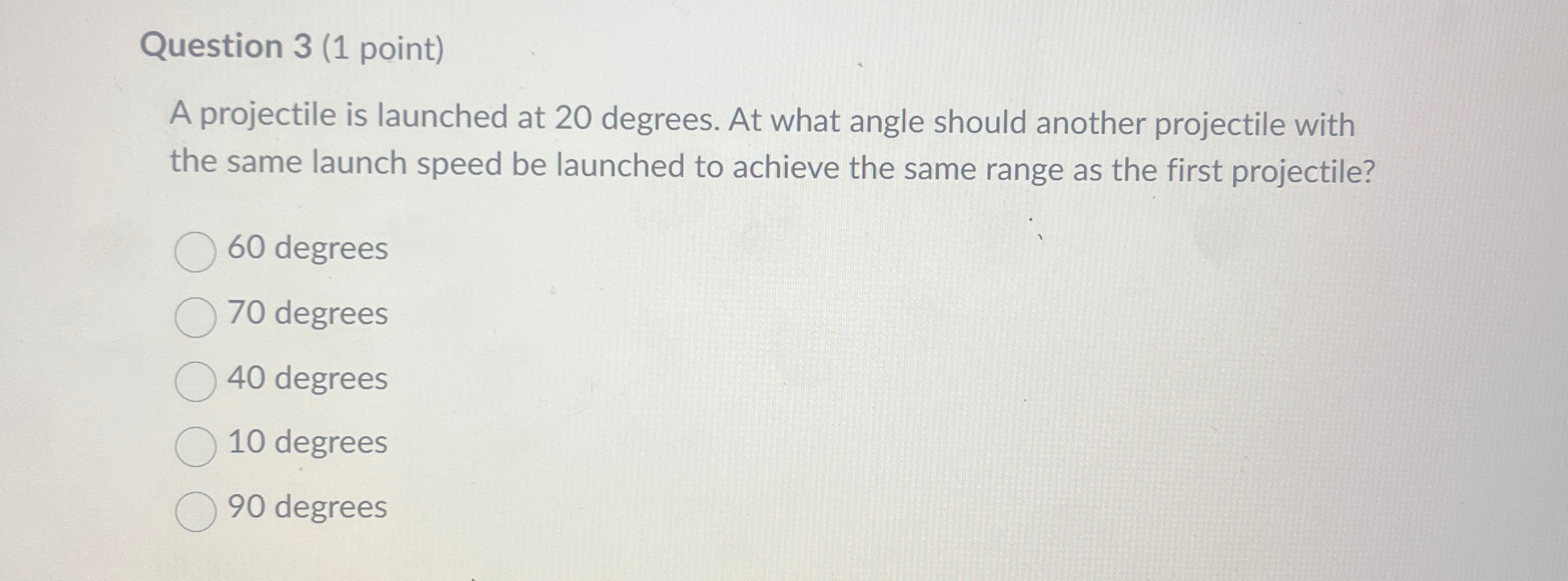 Solved Question 3 (1 ﻿point)A projectile is launched at 20 | Chegg.com
