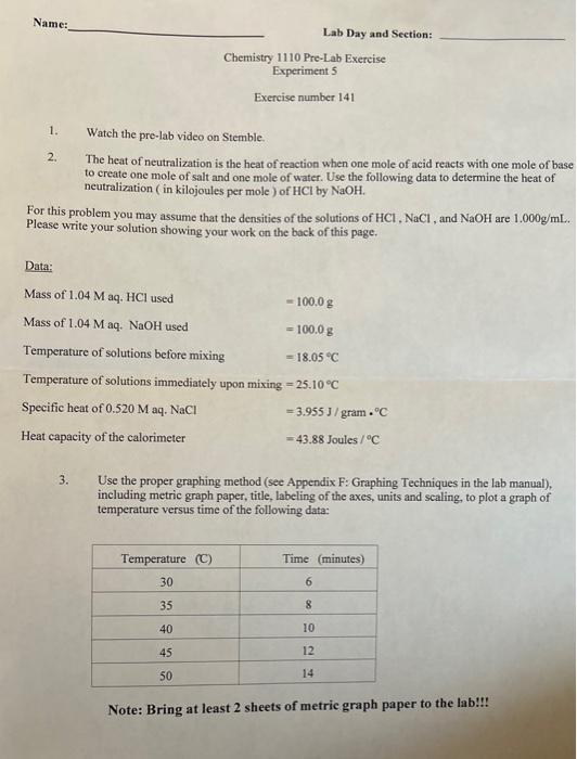 Solved Lab Day and Section: Chemistry 1110 Pre-Lab Exercise | Chegg.com