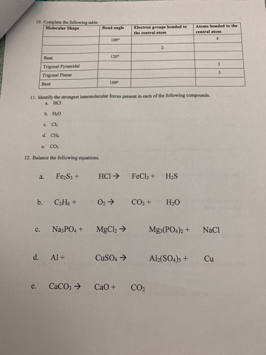 Solved 10. Complete the following table Molecular Shape Bond | Chegg.com
