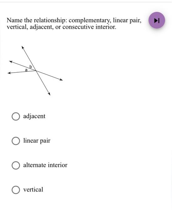 Solved Name the relationship: complementary, linear pair, | Chegg.com