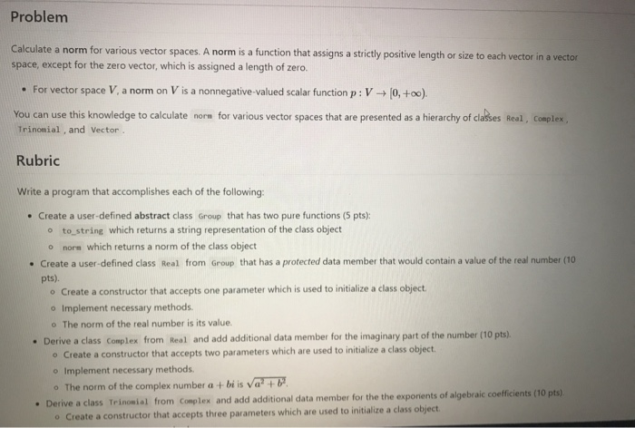 Solved Problem Calculate a norm for various vector spaces. A | Chegg.com