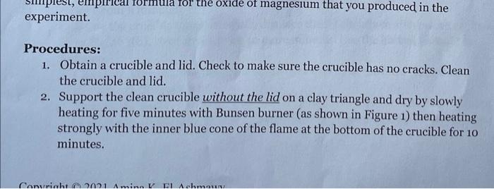 Solved experiment. Procedures: 1. Obtain a crucible and lid. | Chegg.com