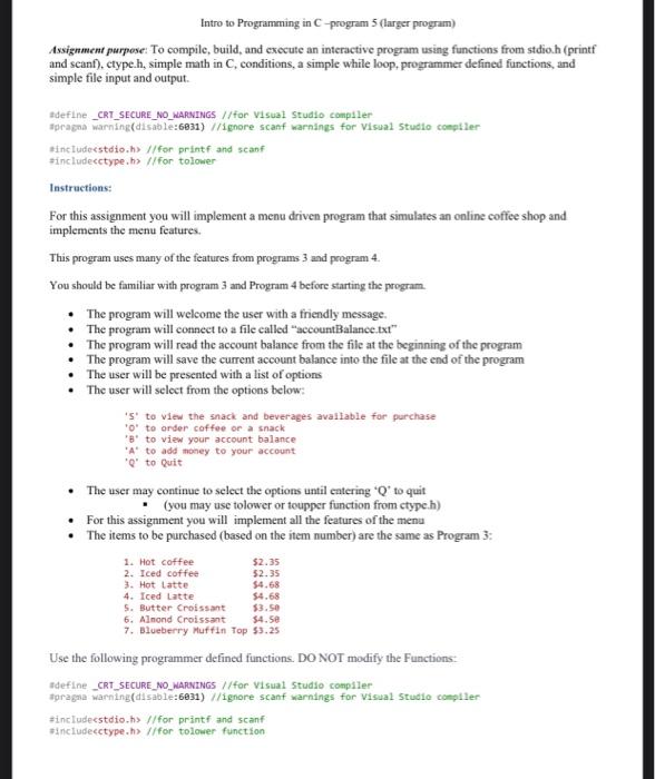 Solved Intro to Programming in C-program 5 (larger program) | Chegg.com
