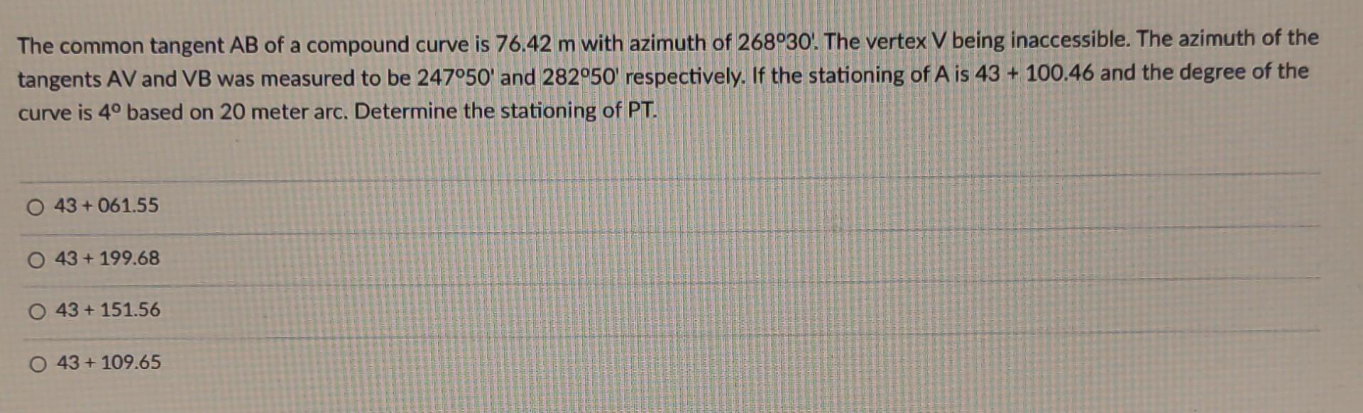Solved The common tangent AB of a compound curve is 76.42 m | Chegg.com