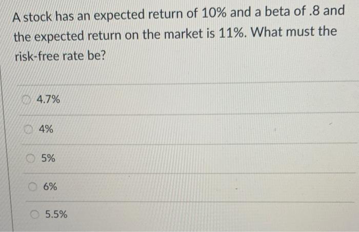 Solved A stock has an expected return of 10% and a beta of | Chegg.com