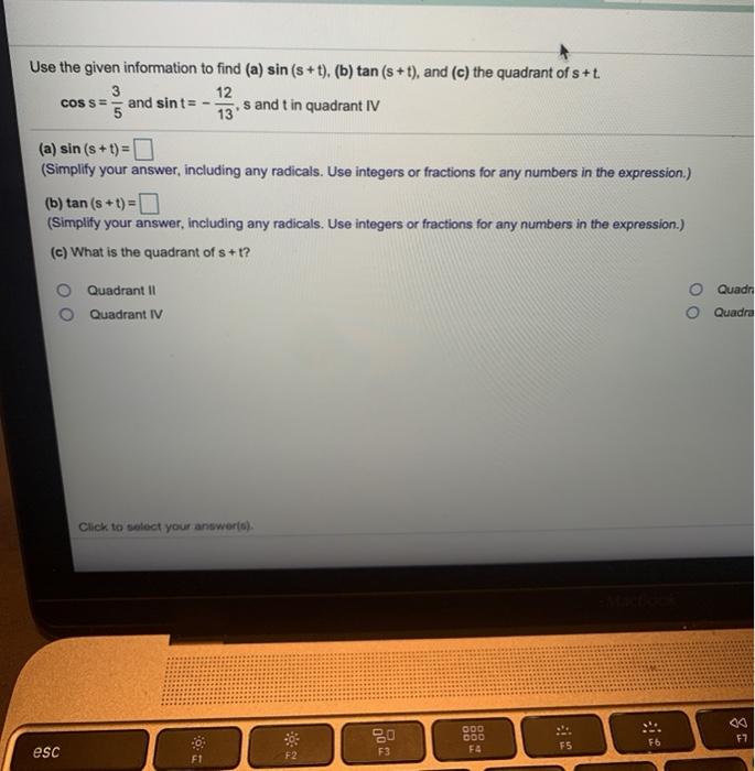 Solved Use The Given Information To Find A Sin S T B