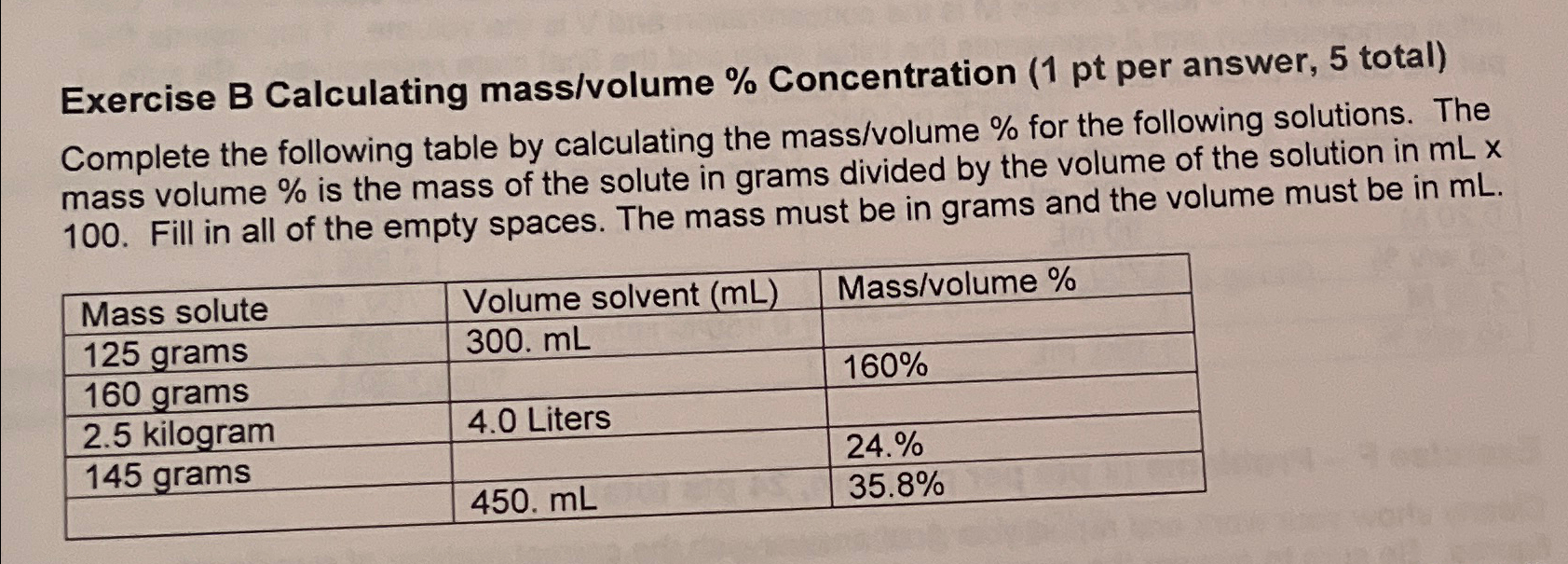 Solved Exercise B Calculating mass/volume % ﻿Concentration | Chegg.com