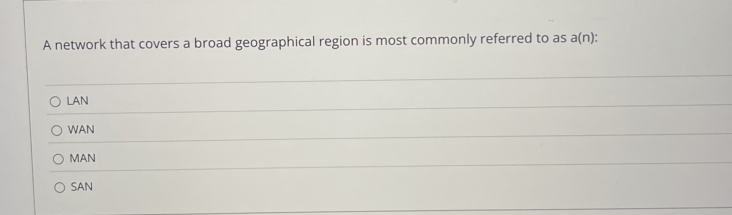 Solved A network that covers a broad geographical region is | Chegg.com