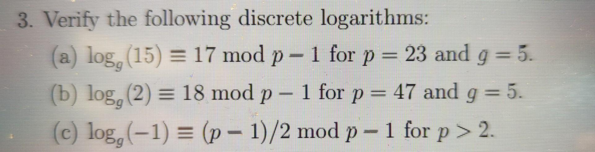 Solved 3. Verify the following discrete logarithms: (a) | Chegg.com