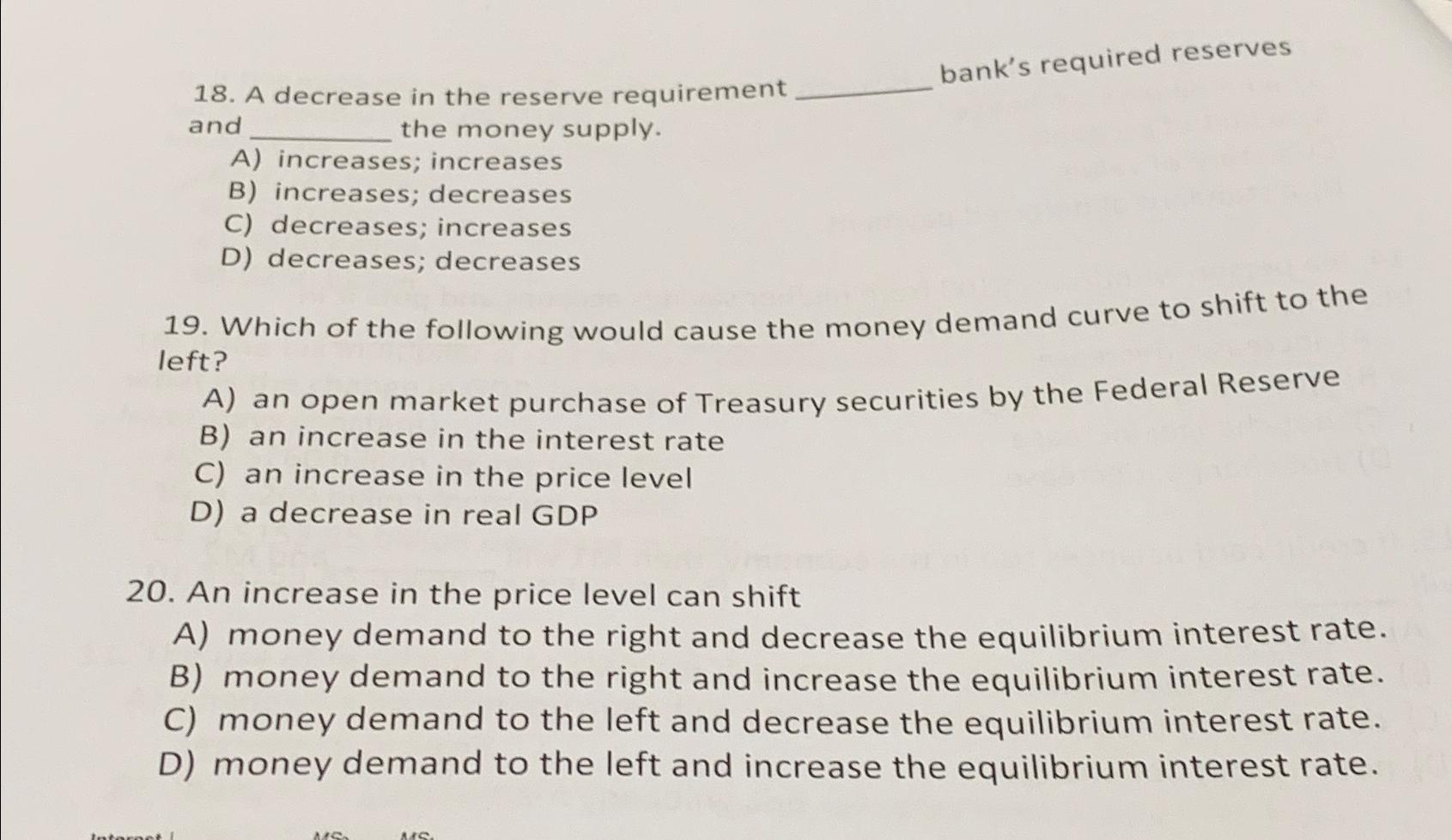 Solved A decrease in the reserve requirement bank's required | Chegg.com