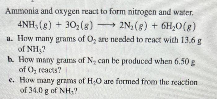 Solved Ammonia and oxygen react to form nitrogen and water. | Chegg.com