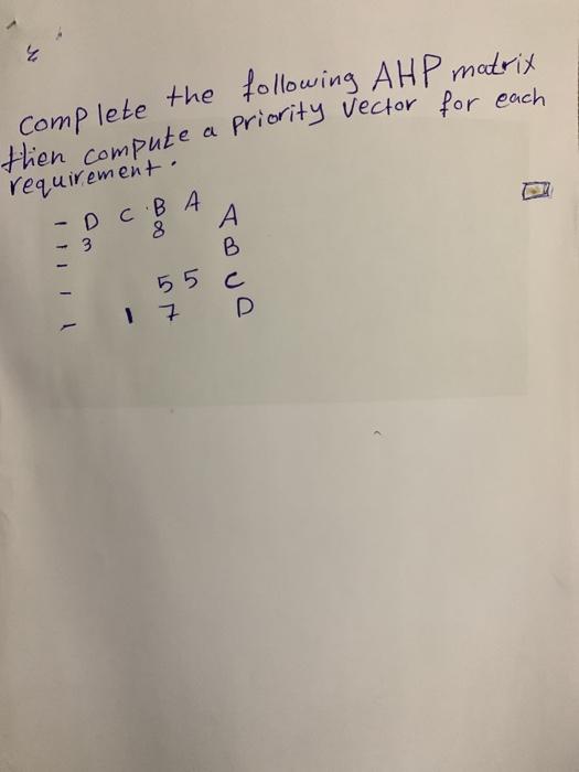 priority vector for each a Complete the following AHP | Chegg.com