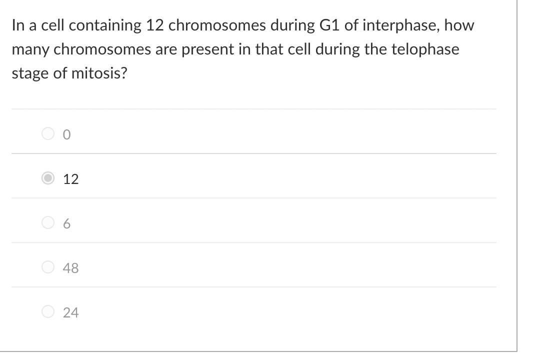Solved In a cell containing 12 ﻿chromosomes during G1 ﻿of | Chegg.com