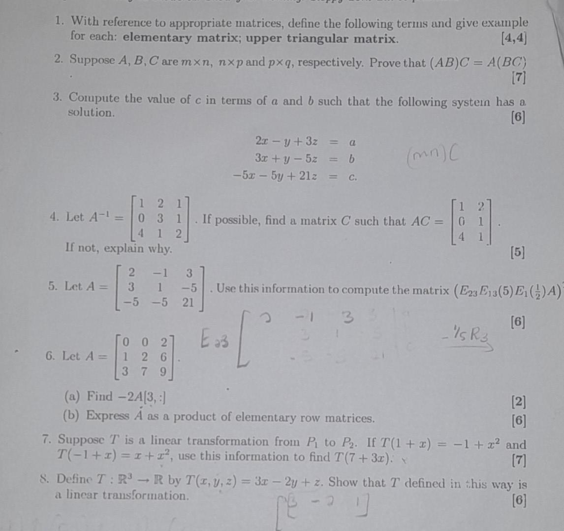 Solved 1. With reference to uppropriate matrices, define the | Chegg.com