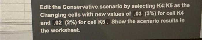 Solved Edit the Conservative scenario by selecting K4:K5 as | Chegg.com