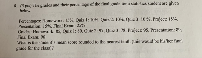 Solved 8. (5 pts) The grades and their percentage of the | Chegg.com