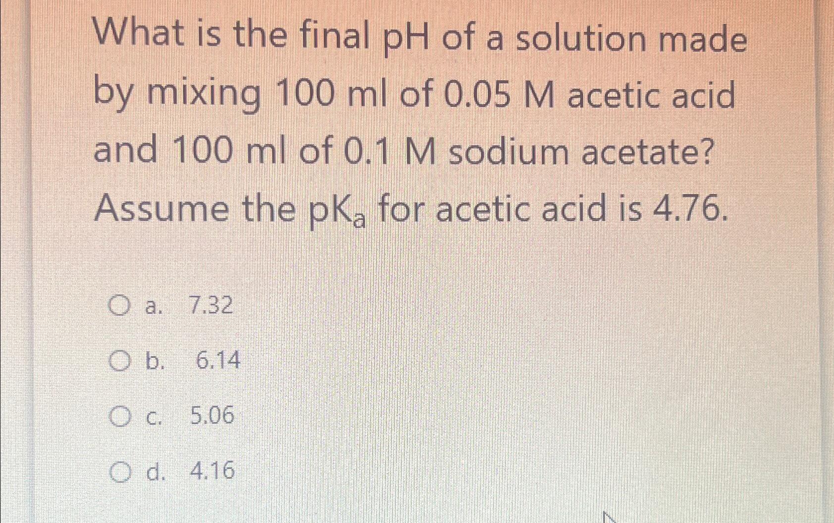 Solved What is the final pH of a solution made by mixing | Chegg.com