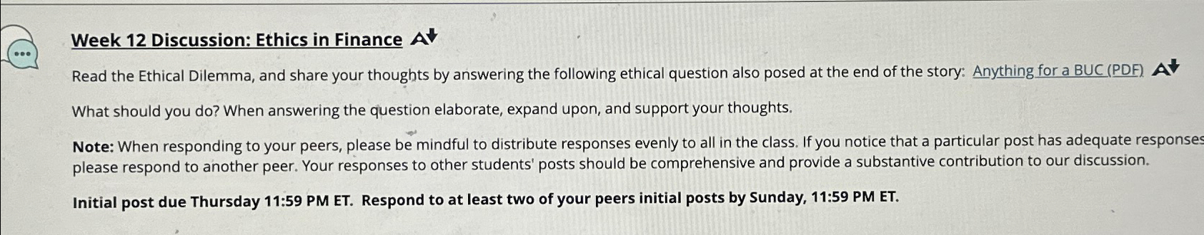 Solved Week 12 ﻿Discussion: Ethics in Finance ARead the | Chegg.com