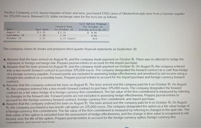 Solved Pacifico Company, a U.S.based importer of beer and | Chegg.com
